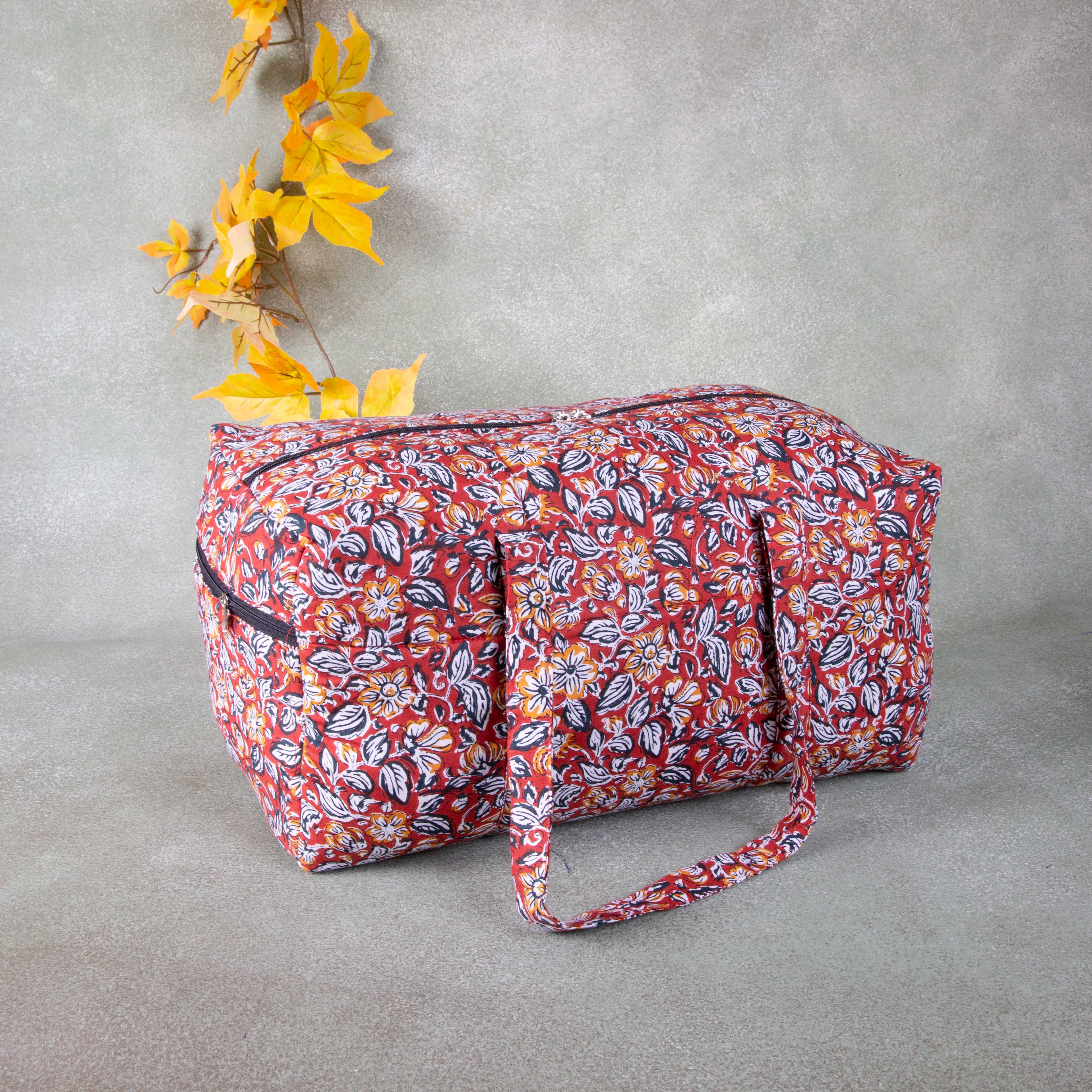 Rectangle Travel Bag Brown Colour with Blue Colour Leaf Design ...