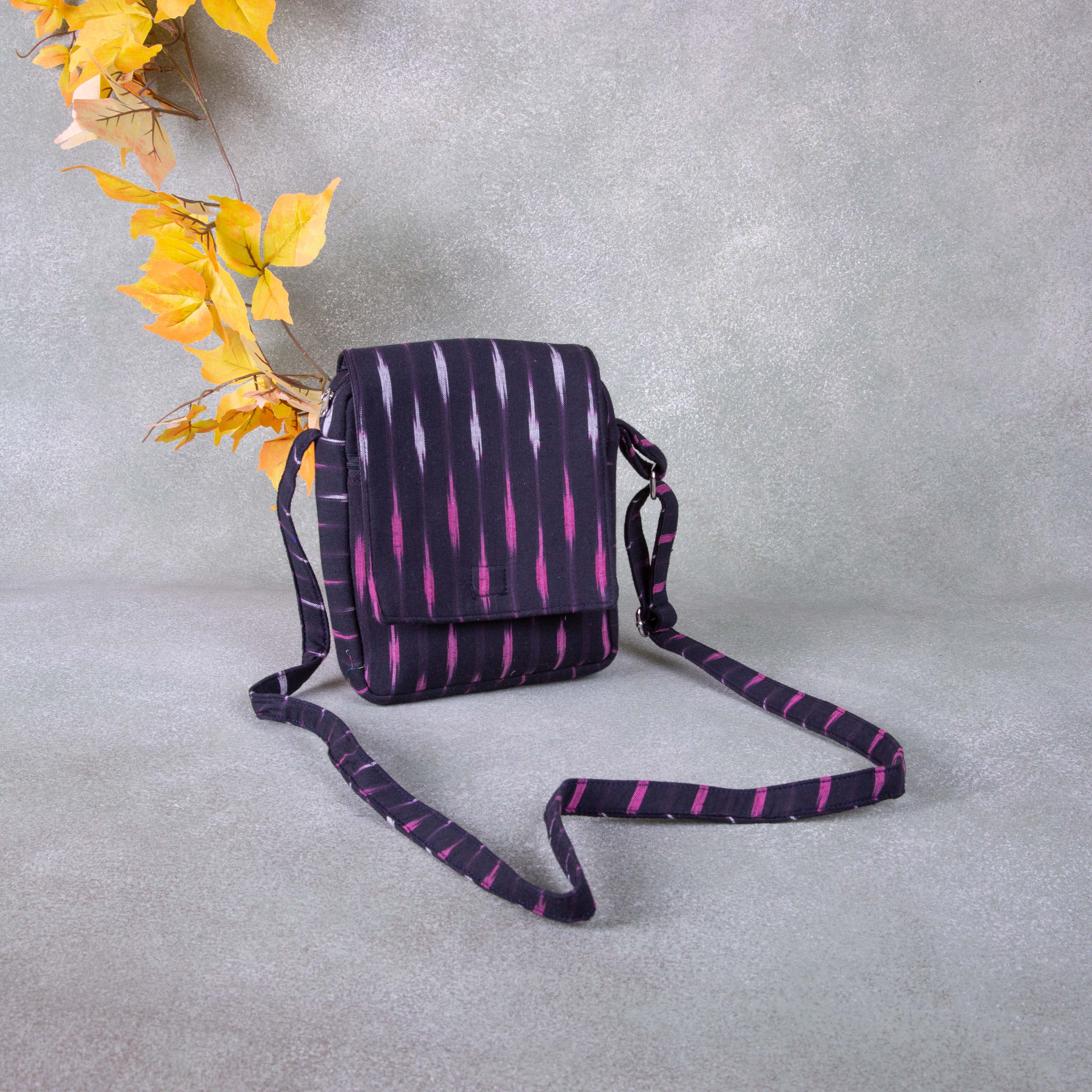 Sarus Crane Ikat Slings with front Flap Black with Pink Prints ...