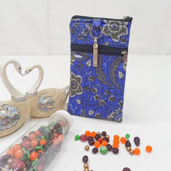 Saree Clip Mobile Pouch Blue Colour with Grey Colour Flower Design ...