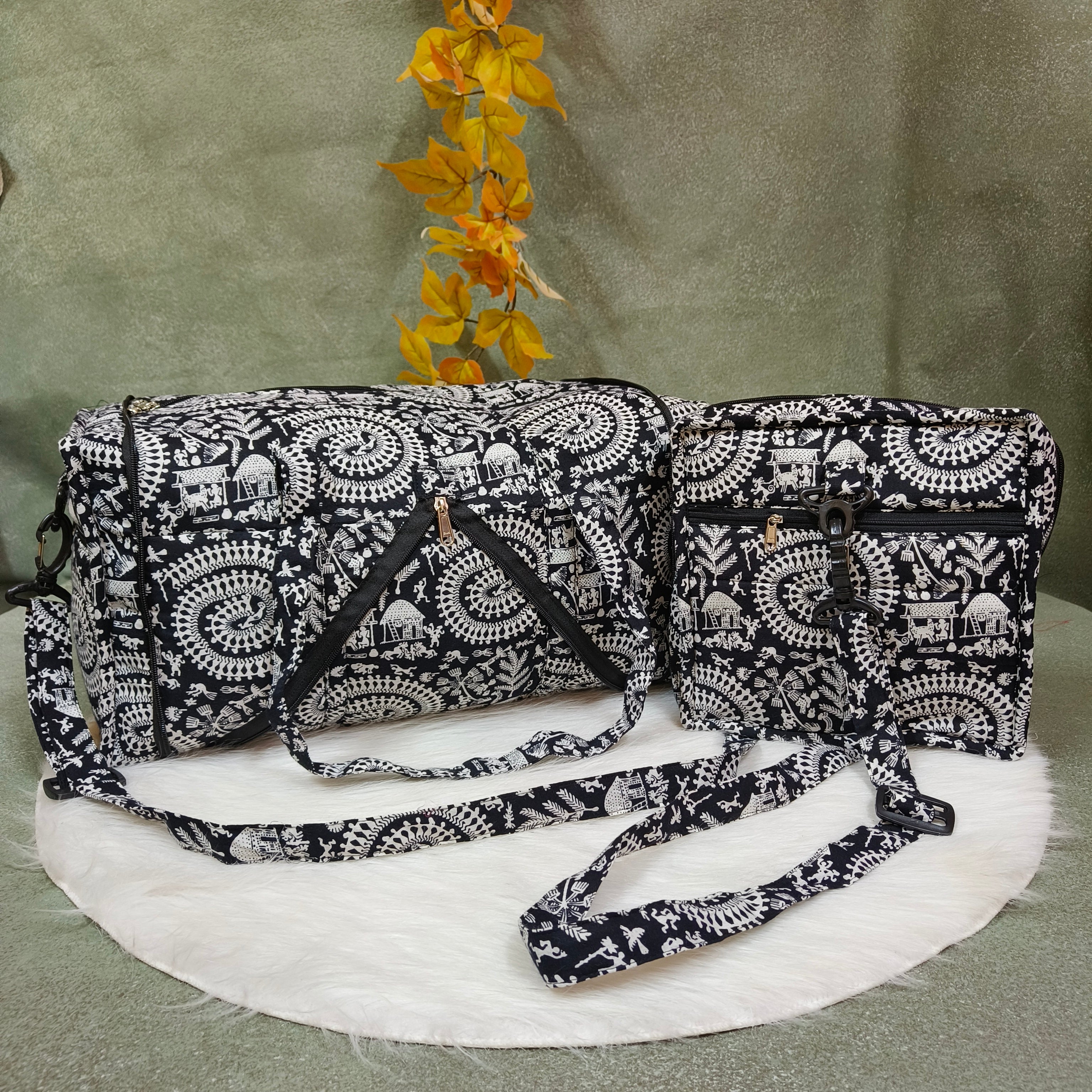 Expandable Travel Bag black with white warli print – lakshya bags