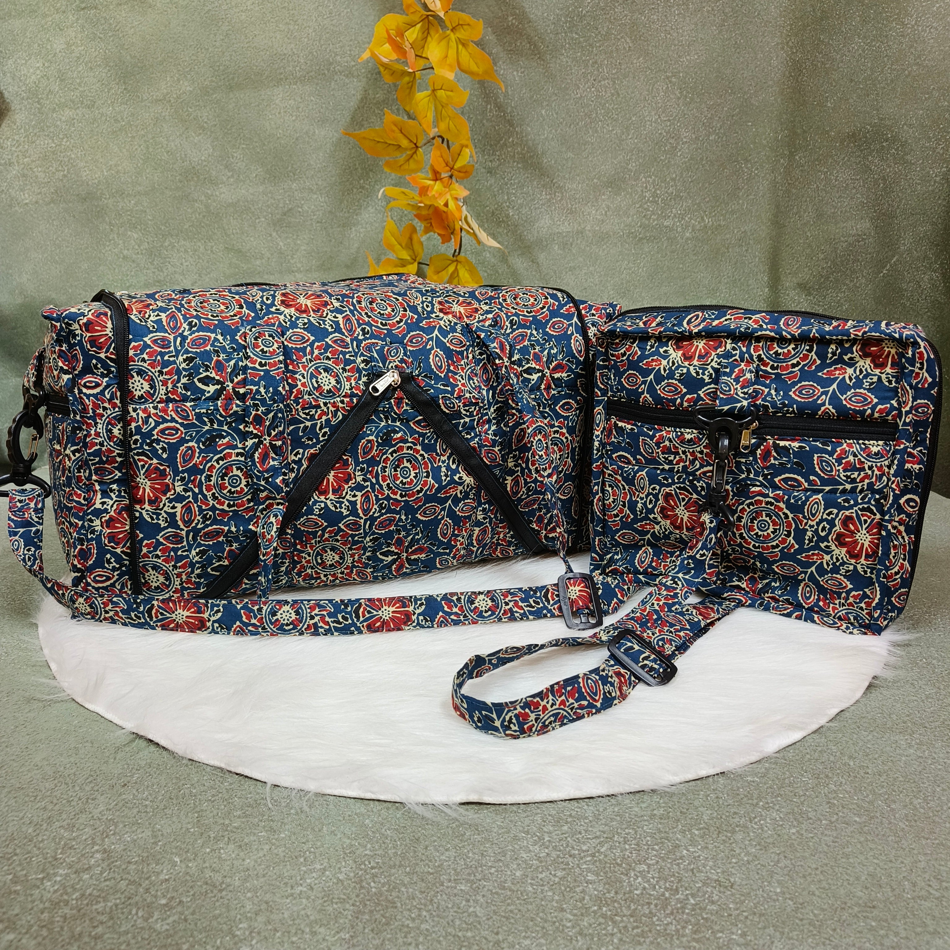 Expandable Travel Bag Blue with white Floral Design – lakshya bags