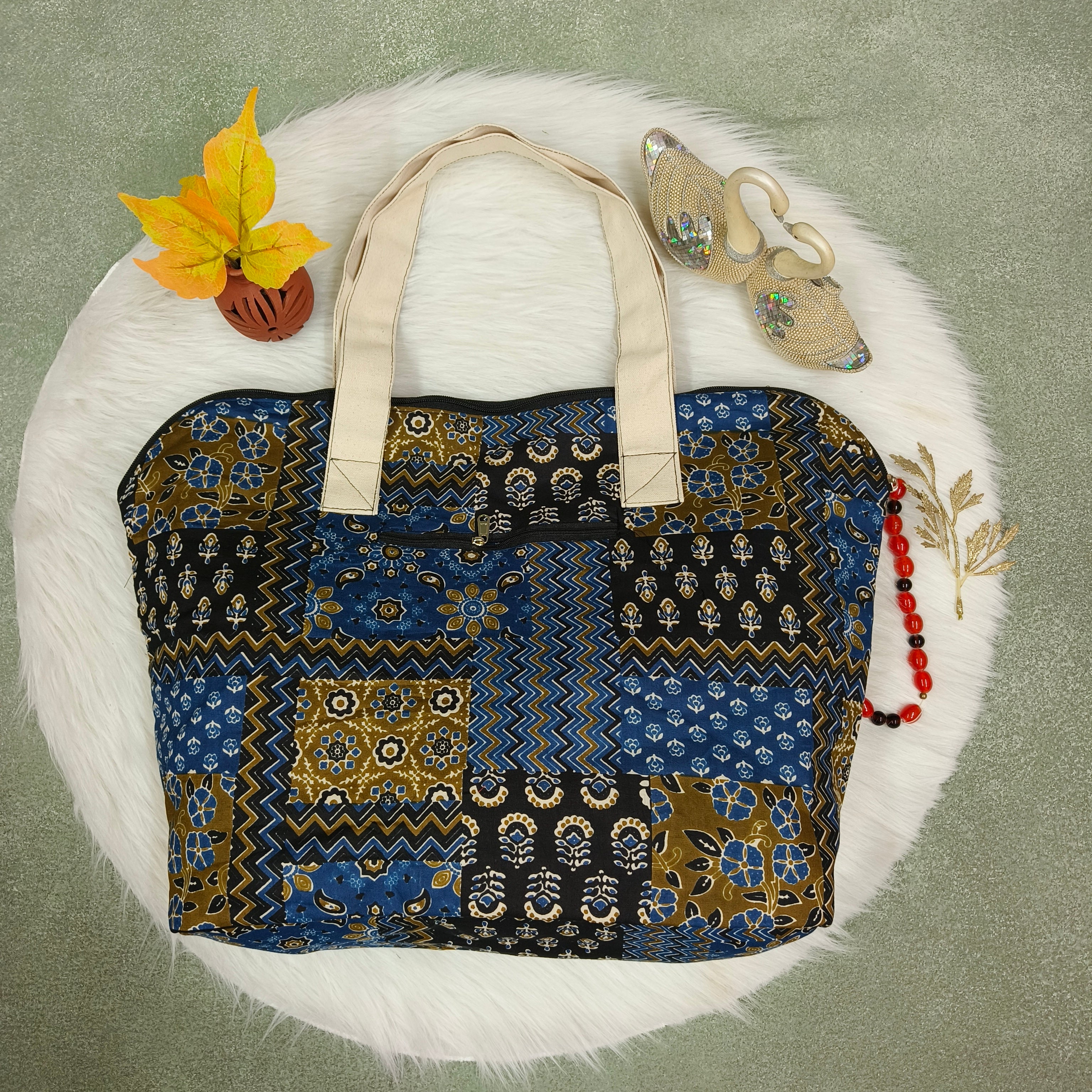 Shopper Tote Bag Blue with multi print – lakshya bags