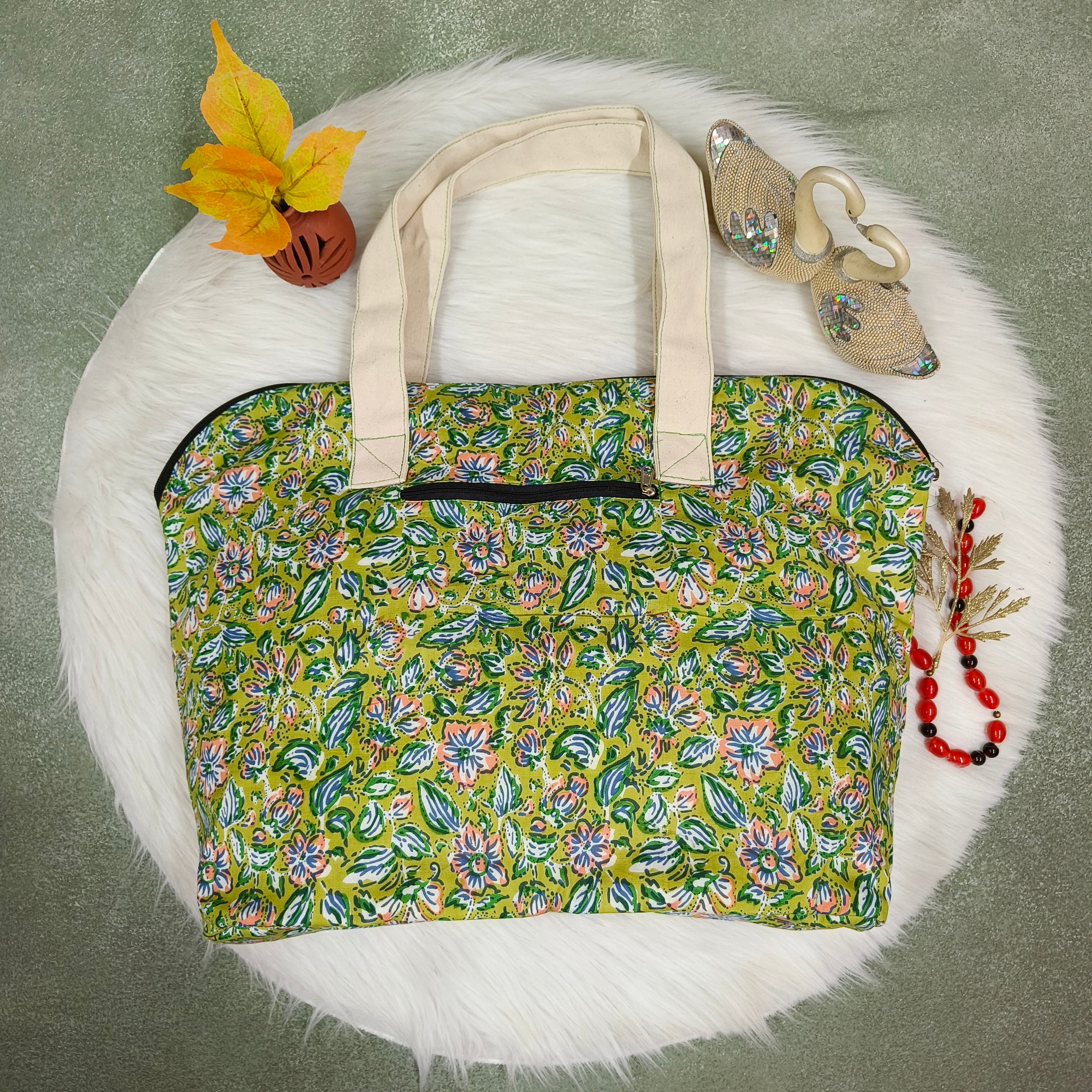 Shopper Tote Bag Green with flower print – lakshya bags