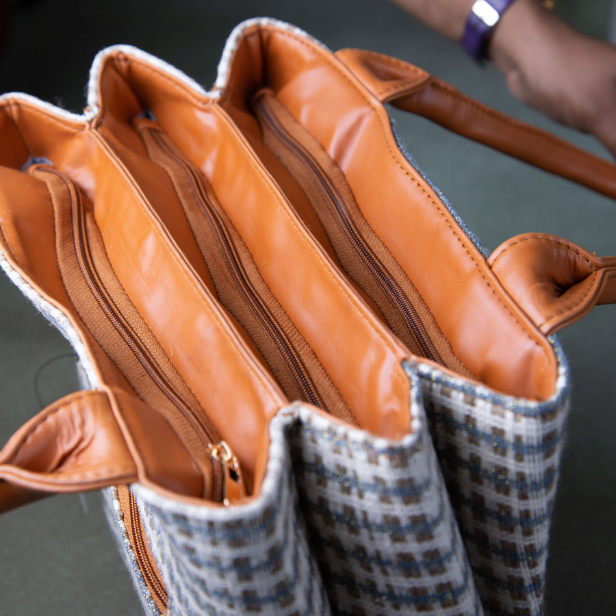 3 partition Tote White with Green and Brown Colour – lakshya bags