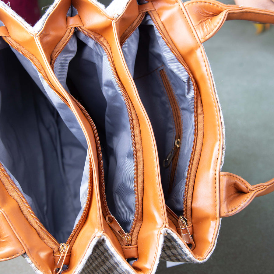 3 partition Tote White with Green and Brown Colour – lakshya bags