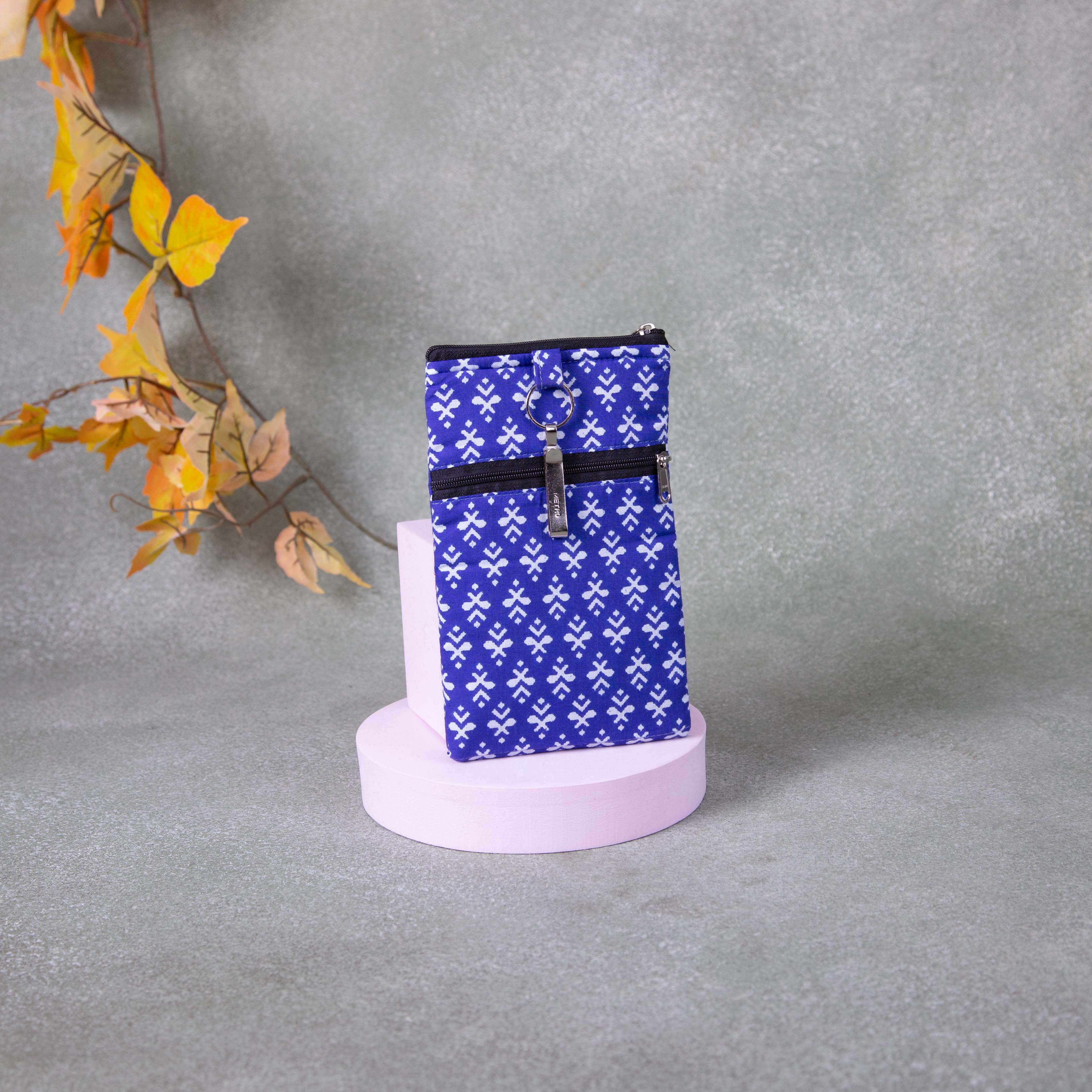 Saree Clip Mobile Pouch ink Blue Colour with White Flower Design ...