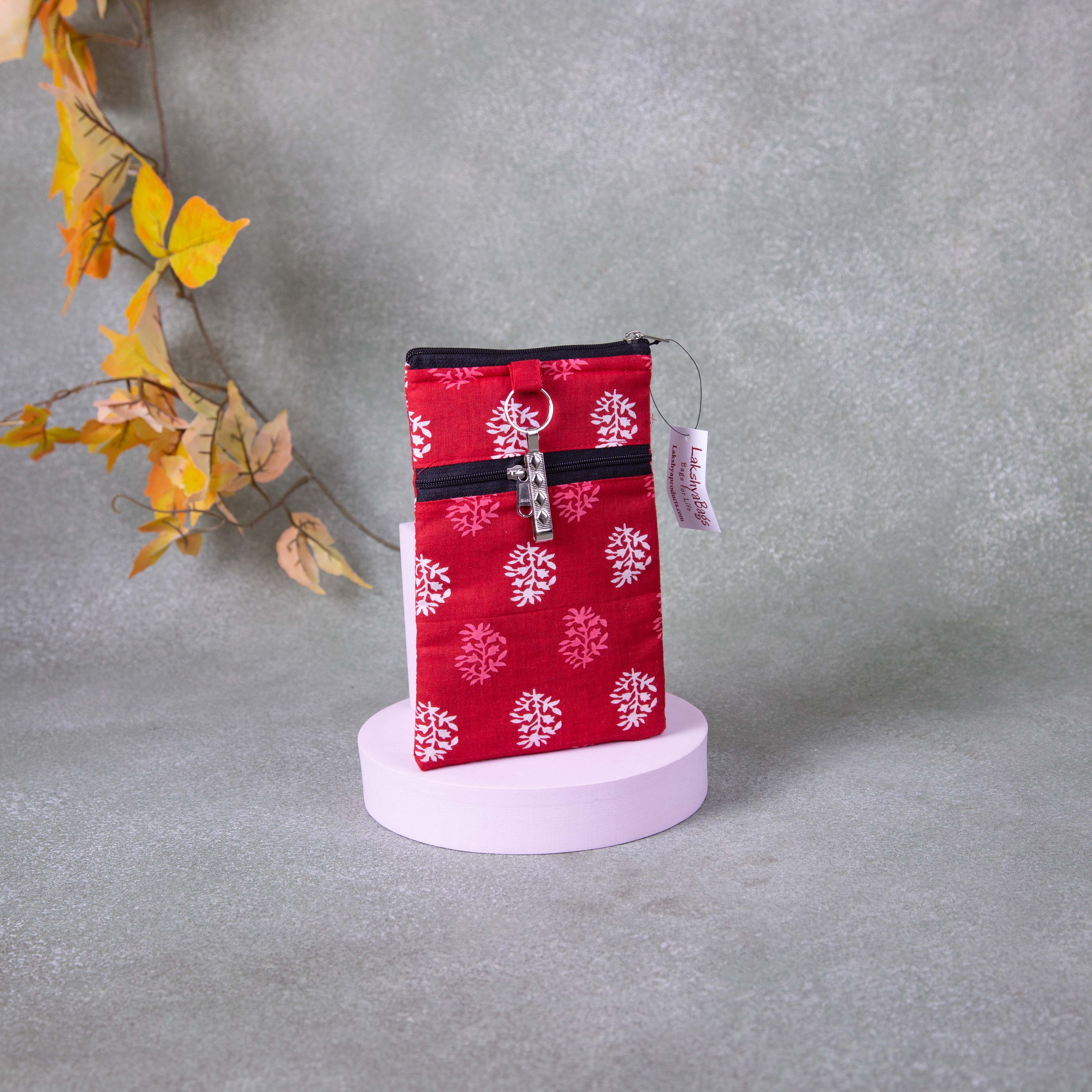 Saree Clip Mobile Pouch Red Colour with White Small Prints – lakshya bags