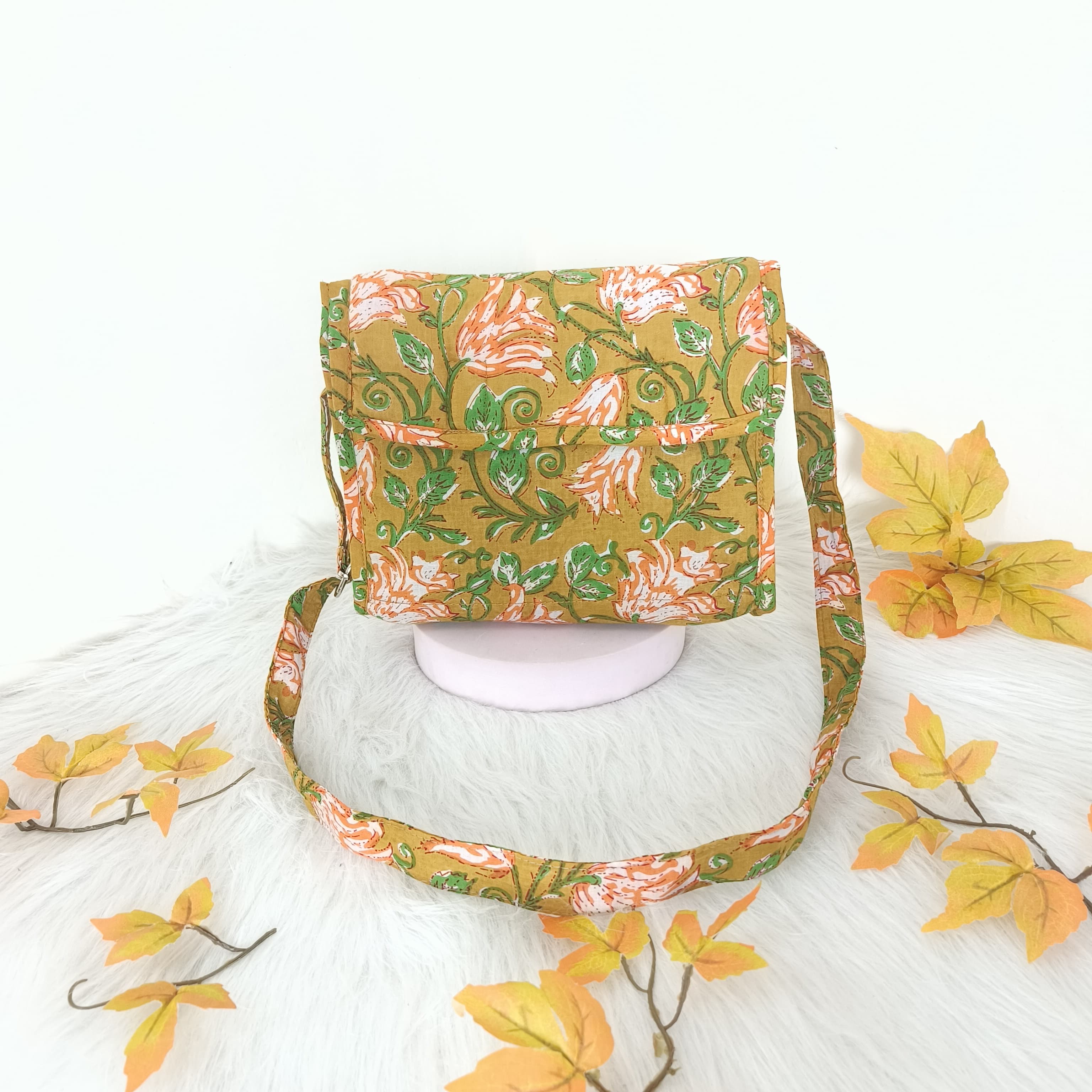 Multizipper Sling 4 Zips Brown with Green Leaf Design – lakshya bags