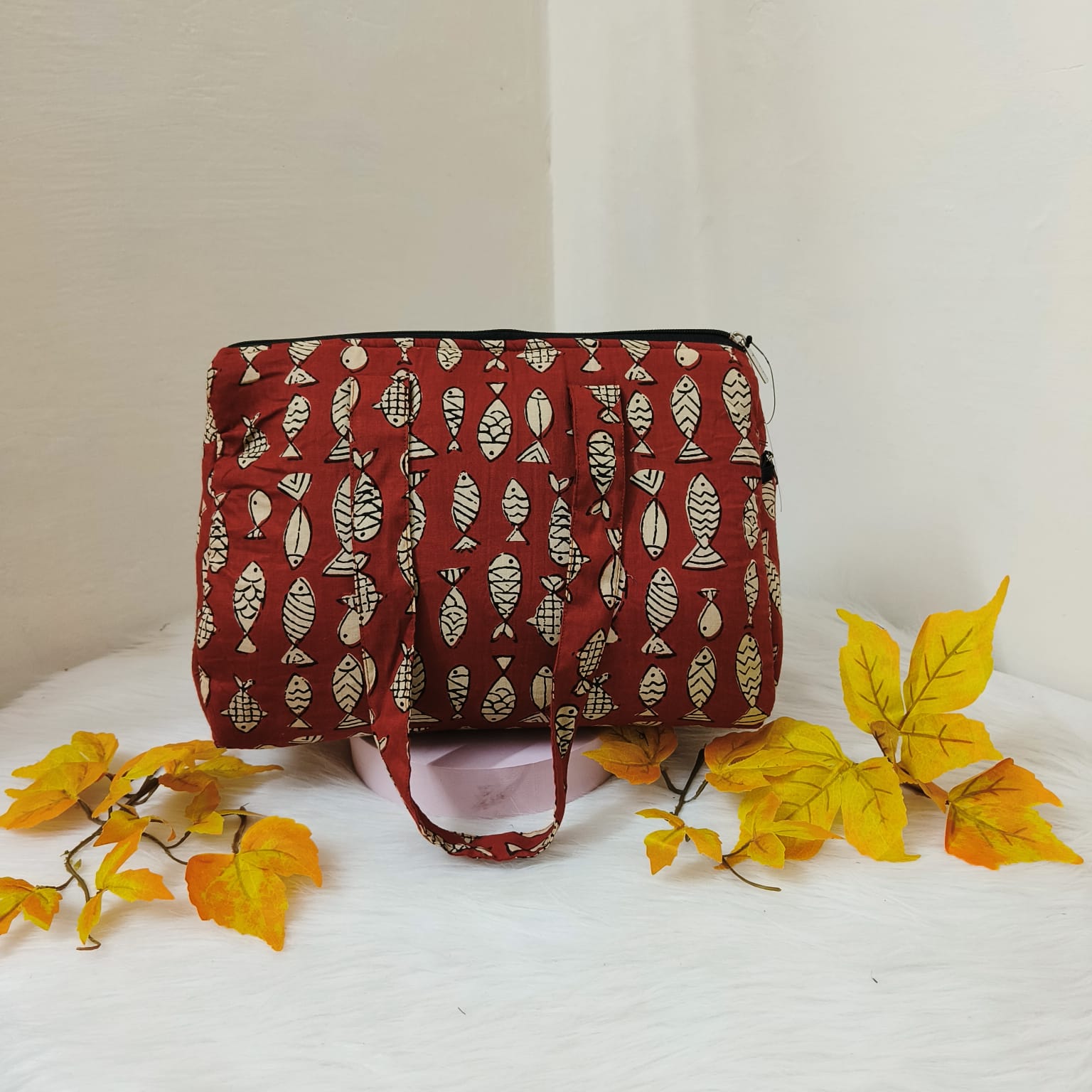Barrel Handbags Maroon Colour with Fish Design – lakshya bags
