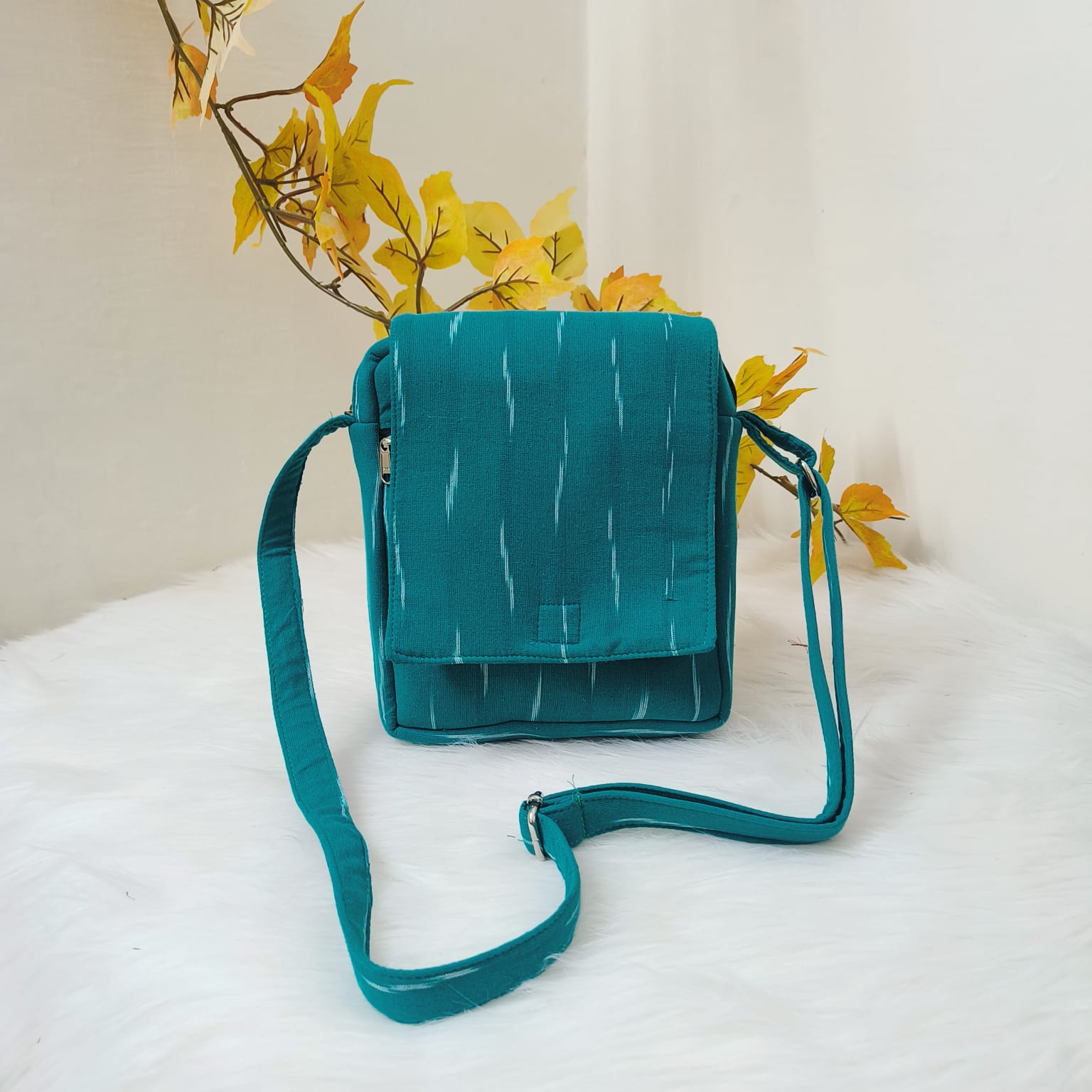 Sarus Crane Ikat Slings with front Flap Teal Green with White Prints ...