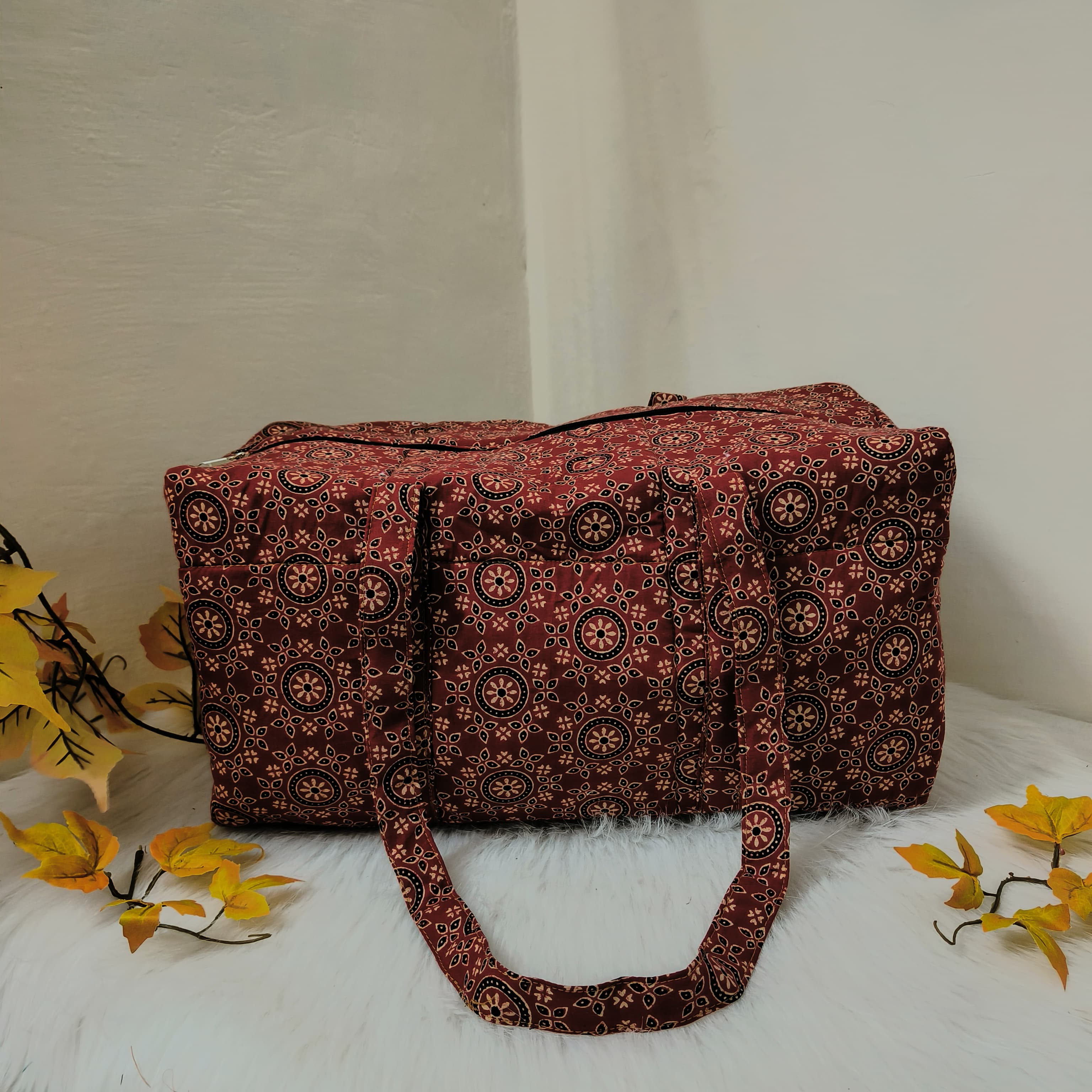 Rectangle Travel Bag Maroon Colour with Botanical Design. – lakshya bags