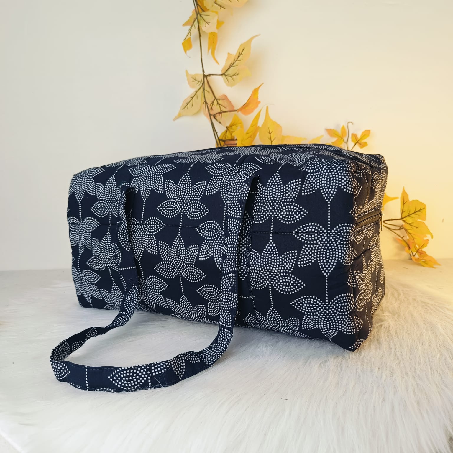 Rectangle Travel Bag Black With White Big Flower Design. – lakshya bags