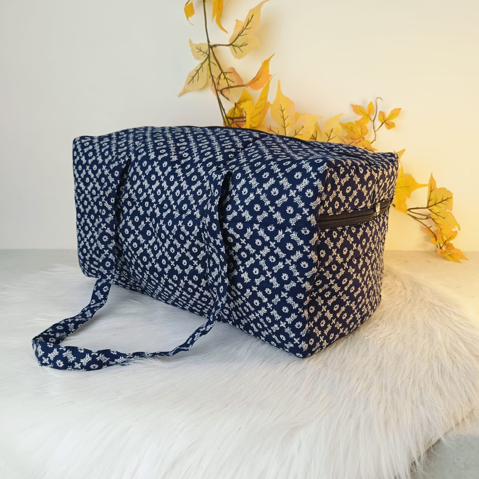 Rectangle Travel Bag Blue with white Arabesque Design – lakshya bags
