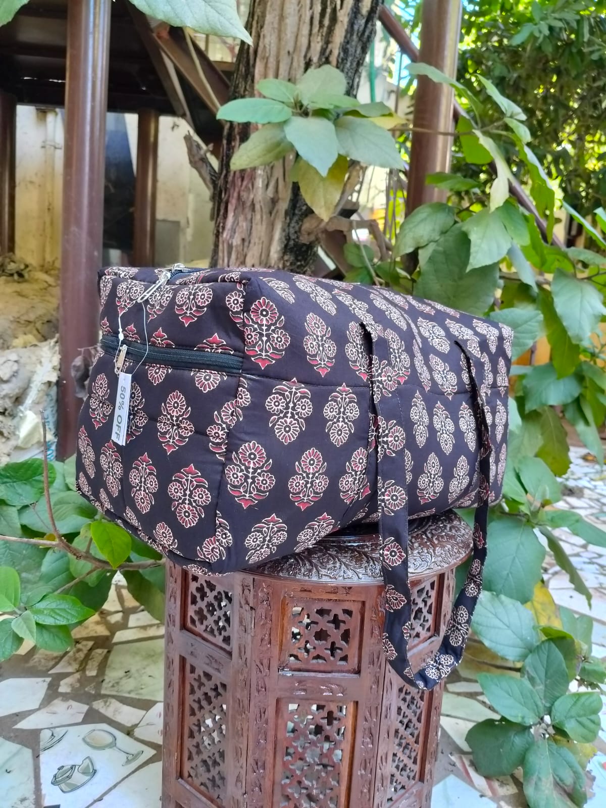 Rectangle Travel Bag Black ethnic print – lakshya bags